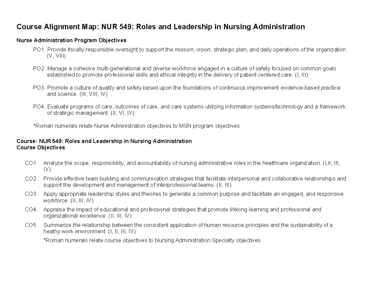 Alignment Map NUR 549 - Course Alignment Map: NUR 549: Roles and ...