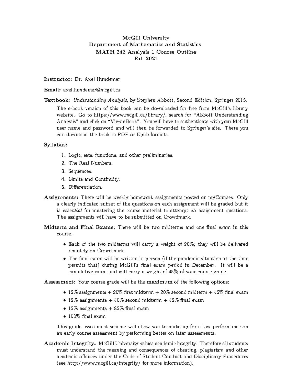 Math242 outline - Lecture notes 1 - McGill University Department of ...
