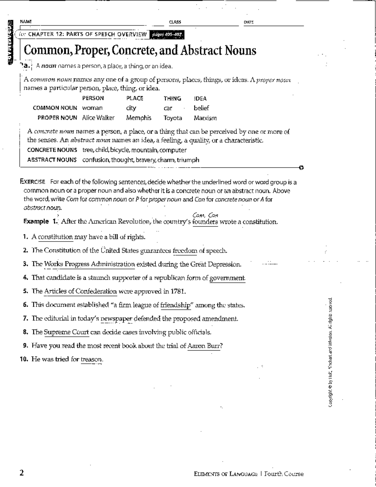 Noun types - ........... - NAME CLASS DATE for CHAPTER 12: PARTS OF ...
