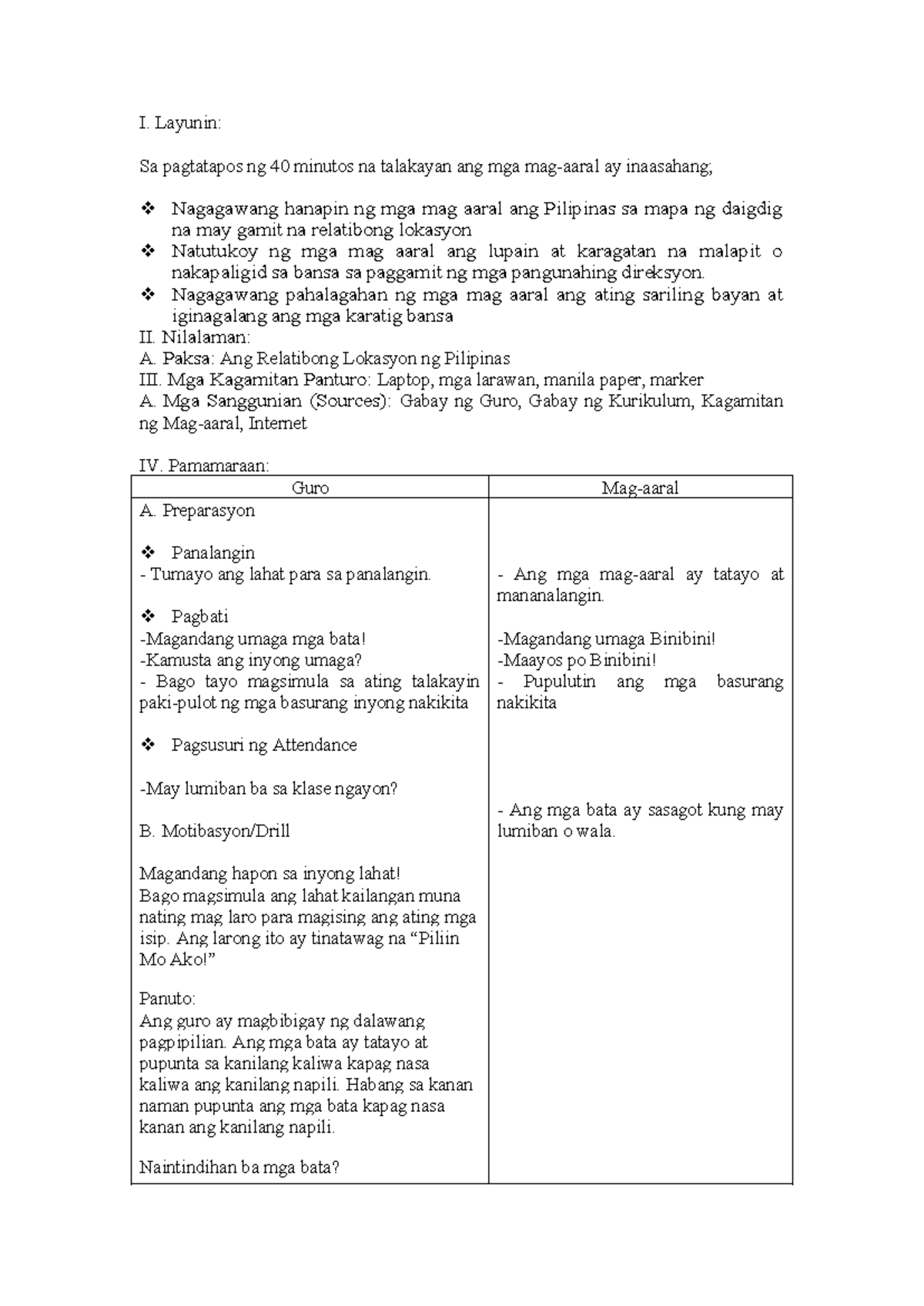 DLP. araling panlipunan 4 - I. Layunin: Sa pagtatapos ng 40 minutos na ...