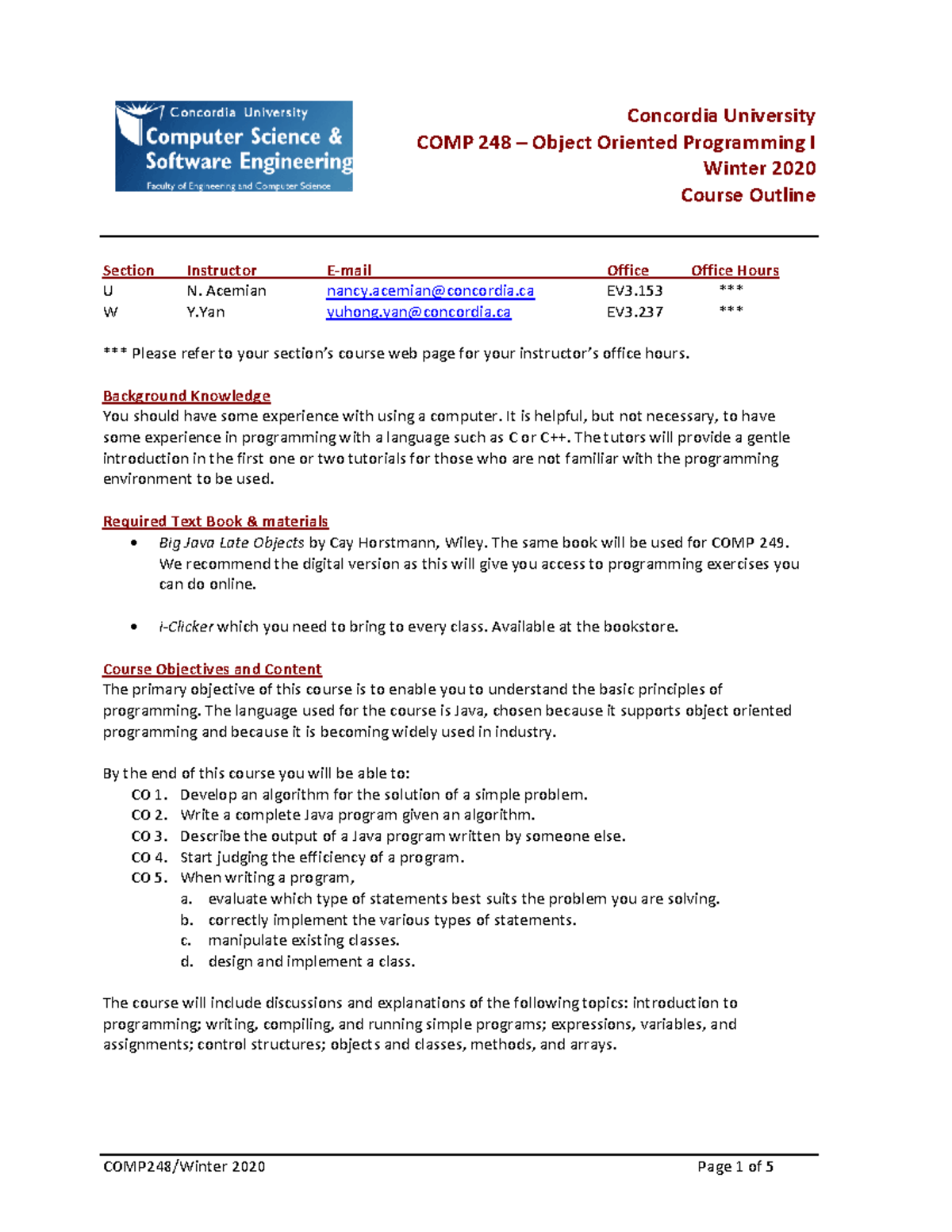 Comp248 W2020 Outline - Concordia University COMP 248 – Object Oriented Programming I Winter ...