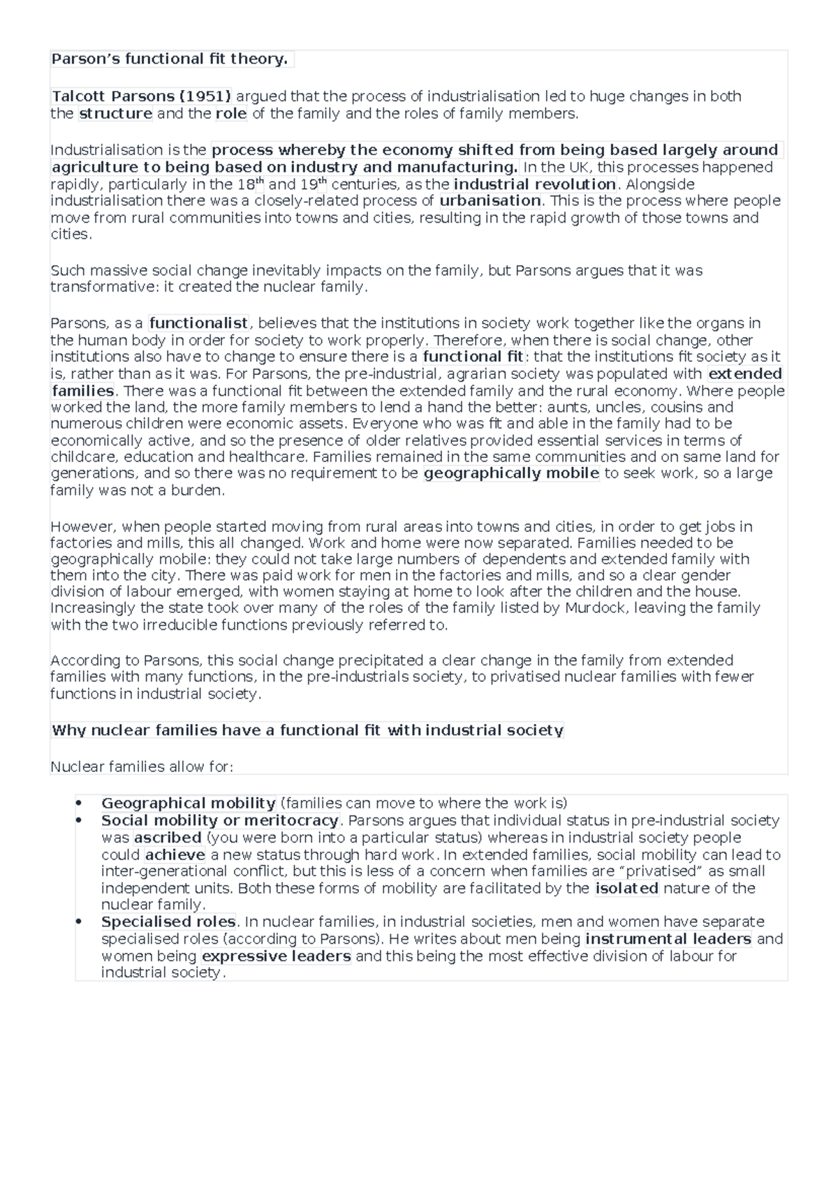 Functional fit theory reading - Parson’s functional fit theory. Talcott ...