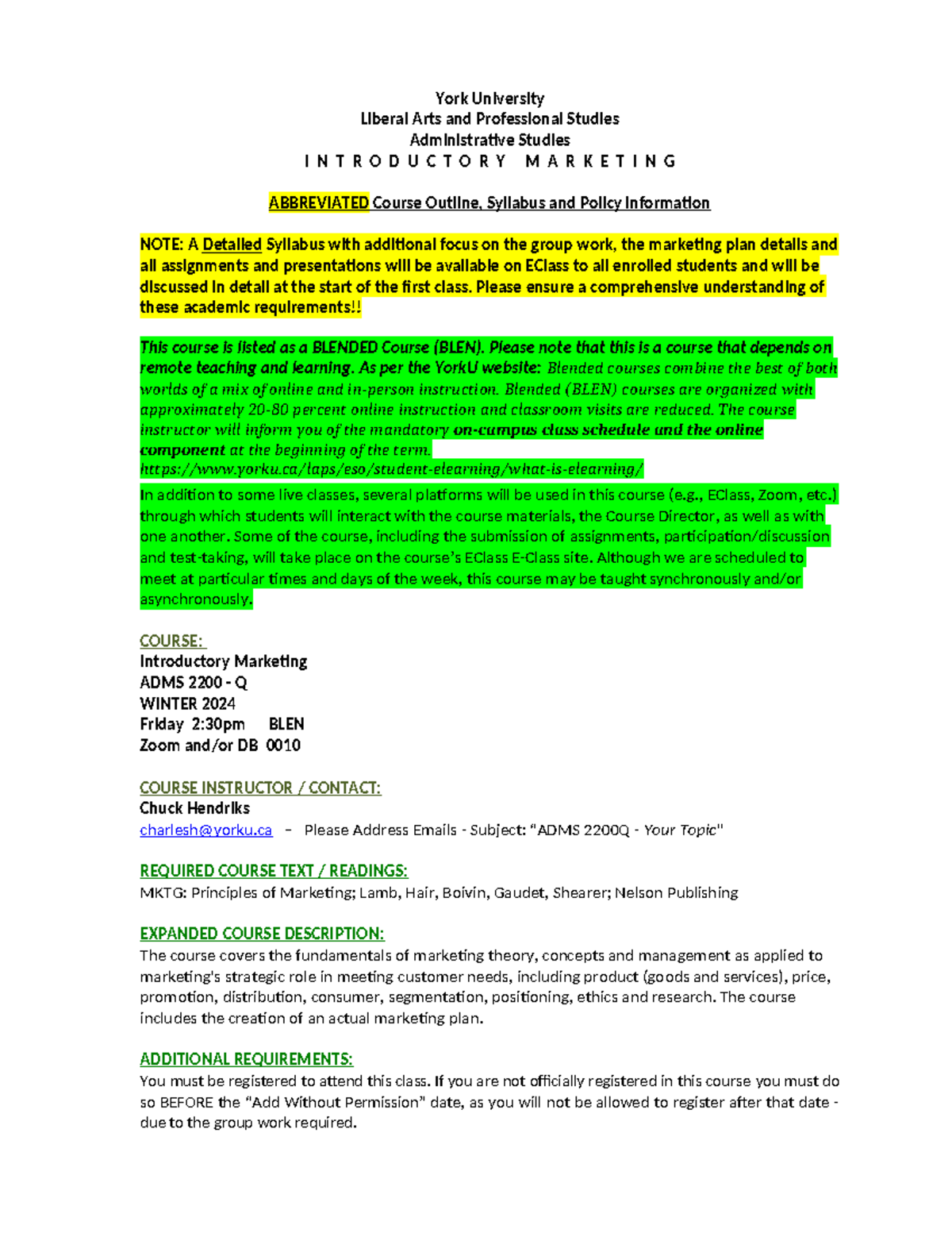 ADMS 2200 Q Course Outline BLEN Winter 2024 YORK WEB FOR Postingy ...