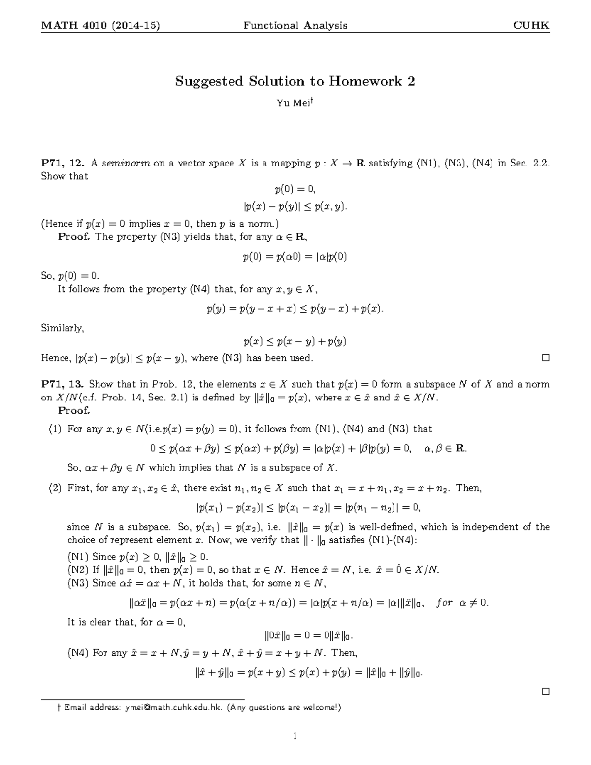 Solution 2 - Functional analysis - MATH 4010 (2014-15) Functional ...