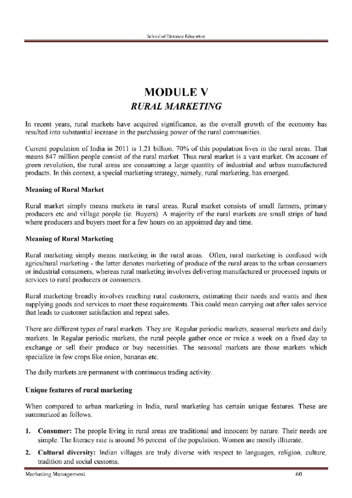Module V Rural Marketing - B. Com Co. Operation - MG University - Studocu