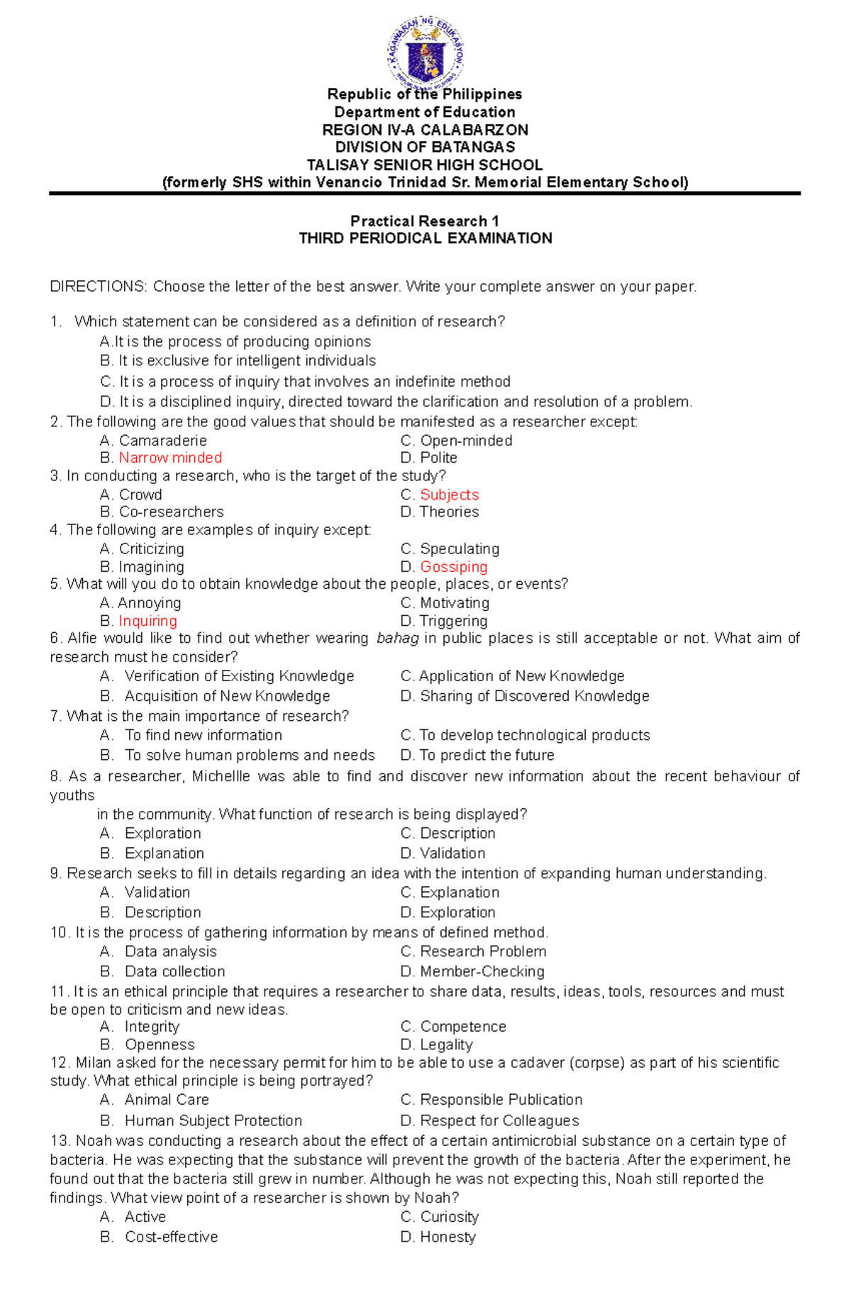 PR1 3RD Quarter EXAM 2023 - Republic of the Philippines Department of Education REGION IV-A ...
