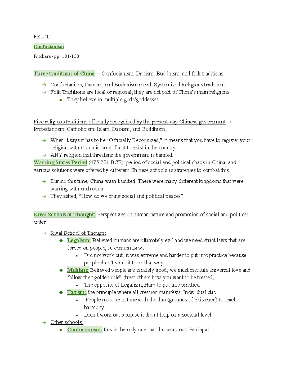 REL 101- Confucianism - This is a term sheet given to us to take notes ...