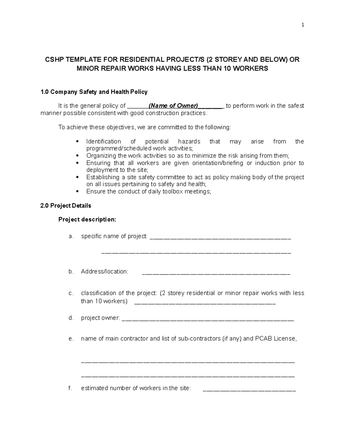 Residential Safety Program - CSHP TEMPLATE FOR RESIDENTIAL PROJECT/S (2 ...