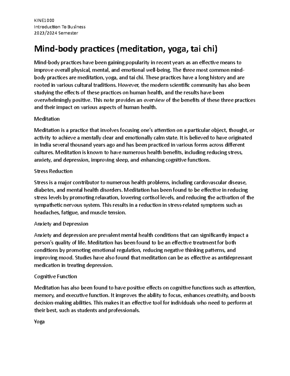 Mind-body practices (meditation, yoga, tai chi) - KINE Introduction To ...