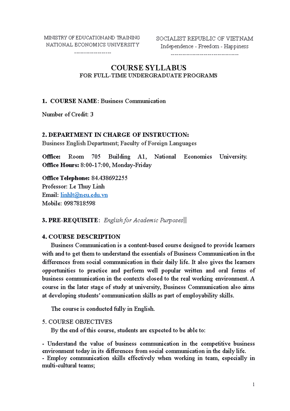 Business communication Syllabus 15wks le linh - MINISTRY OF EDUCATION ...