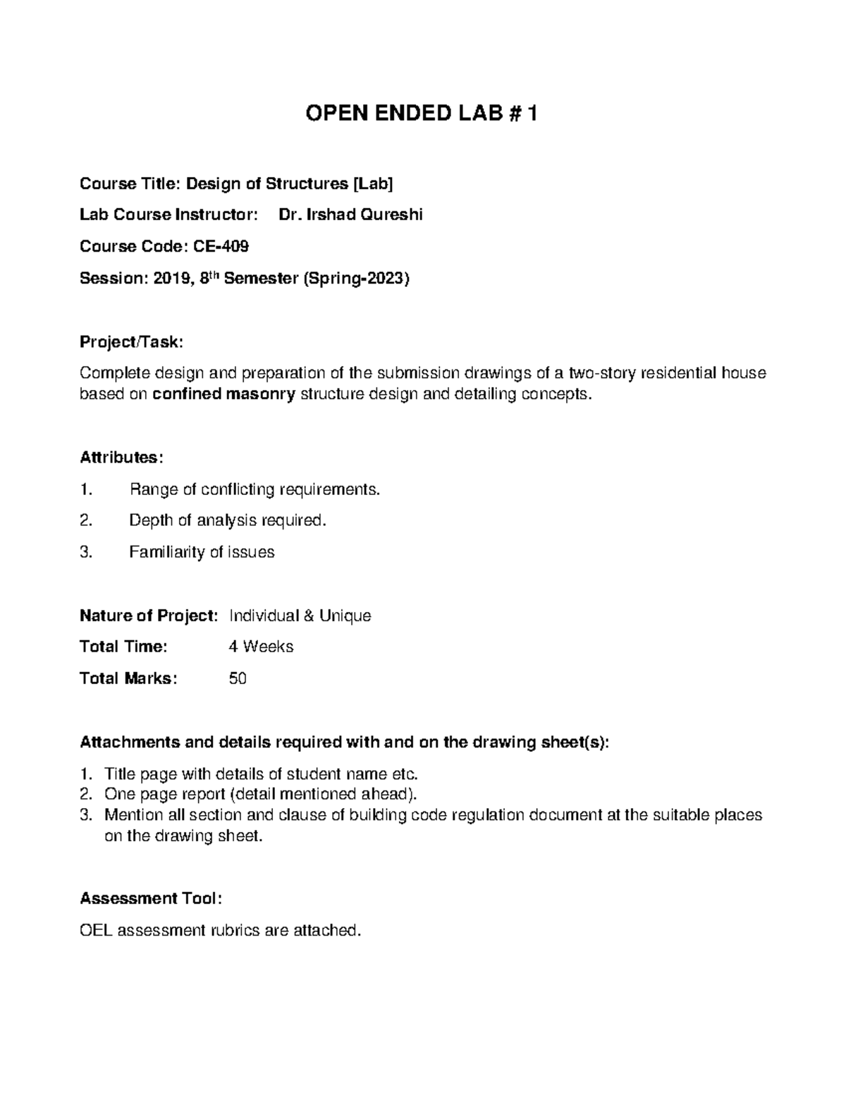 Oel Task 1 Dos2k19 Oel Task 1 Open Ended Lab 1 Course Title Design Of Structures Lab 0109