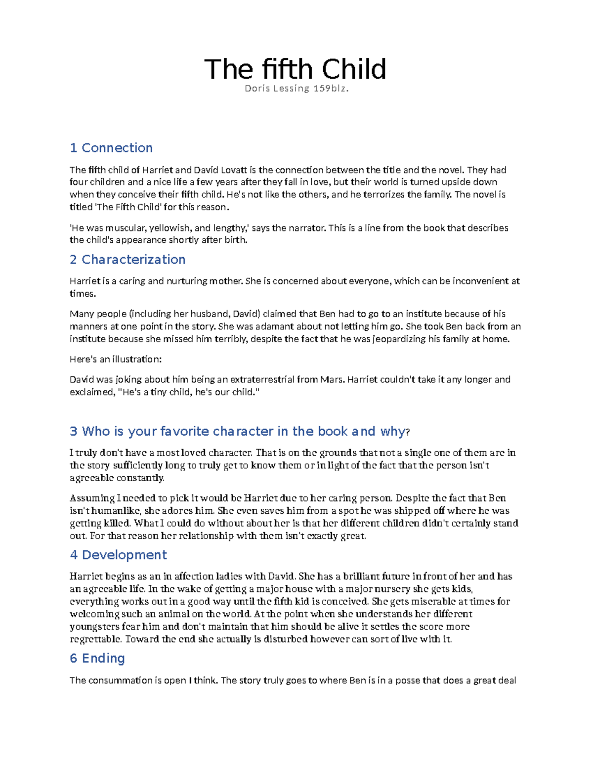 The Fifth Child - Bookreport - The fifth Child Doris Lessing 159blz. 1 ...