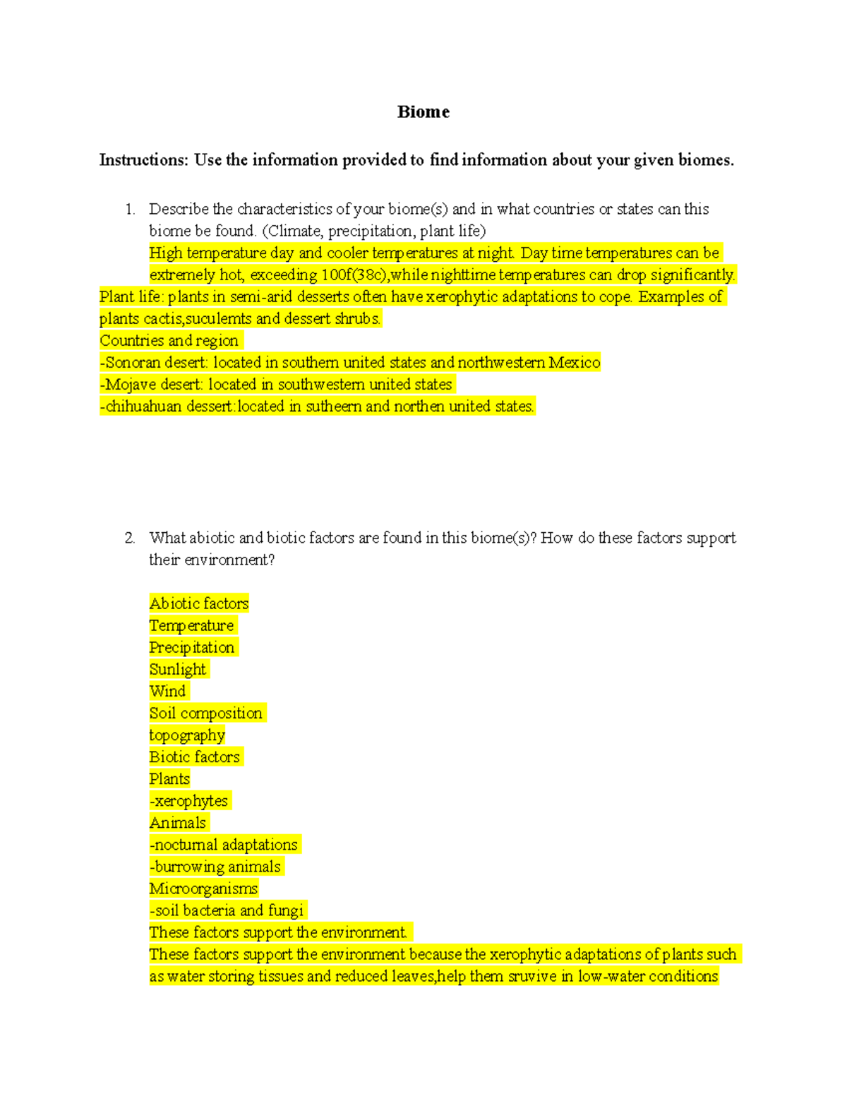 Biome worksheet - Biome Instructions: Use the information provided to ...