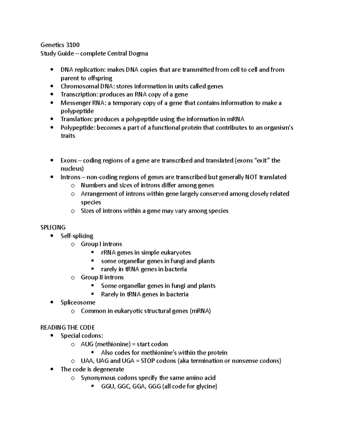 Study Guide Central Dogma - Genetics 3100 Study Guide – complete ...