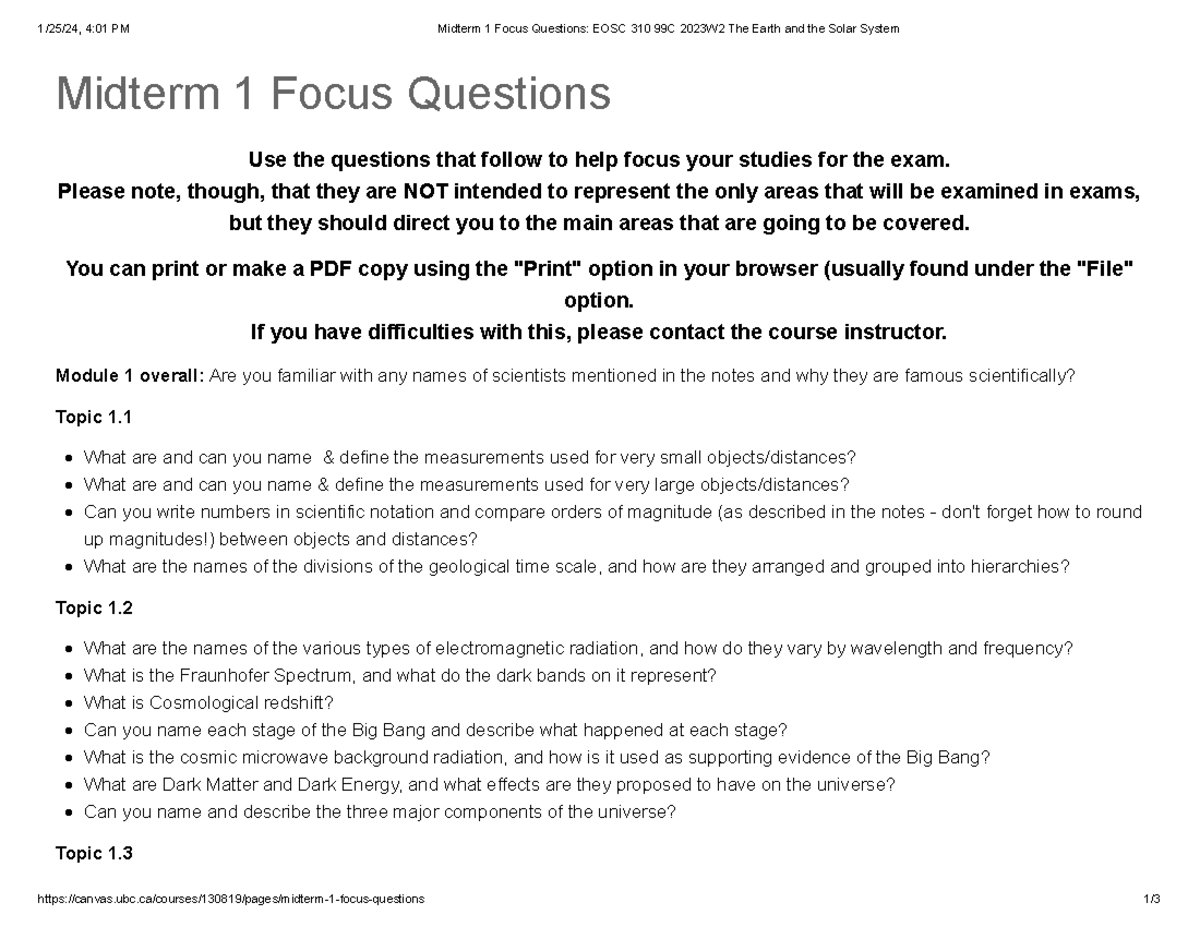 Midterm 1 focus questions - 1/25/24, 4:01 PM Midterm 1 Focus Questions: EOSC 310 99C 2023W2 The ...