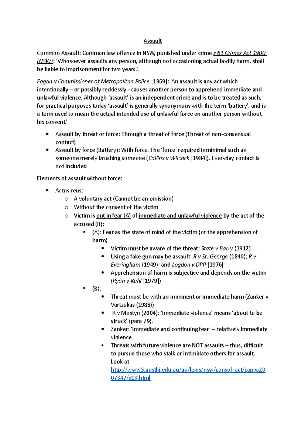 Assault - ’. Fagan v Commissioner of Metropolitan Police [1969]: ‘An ...