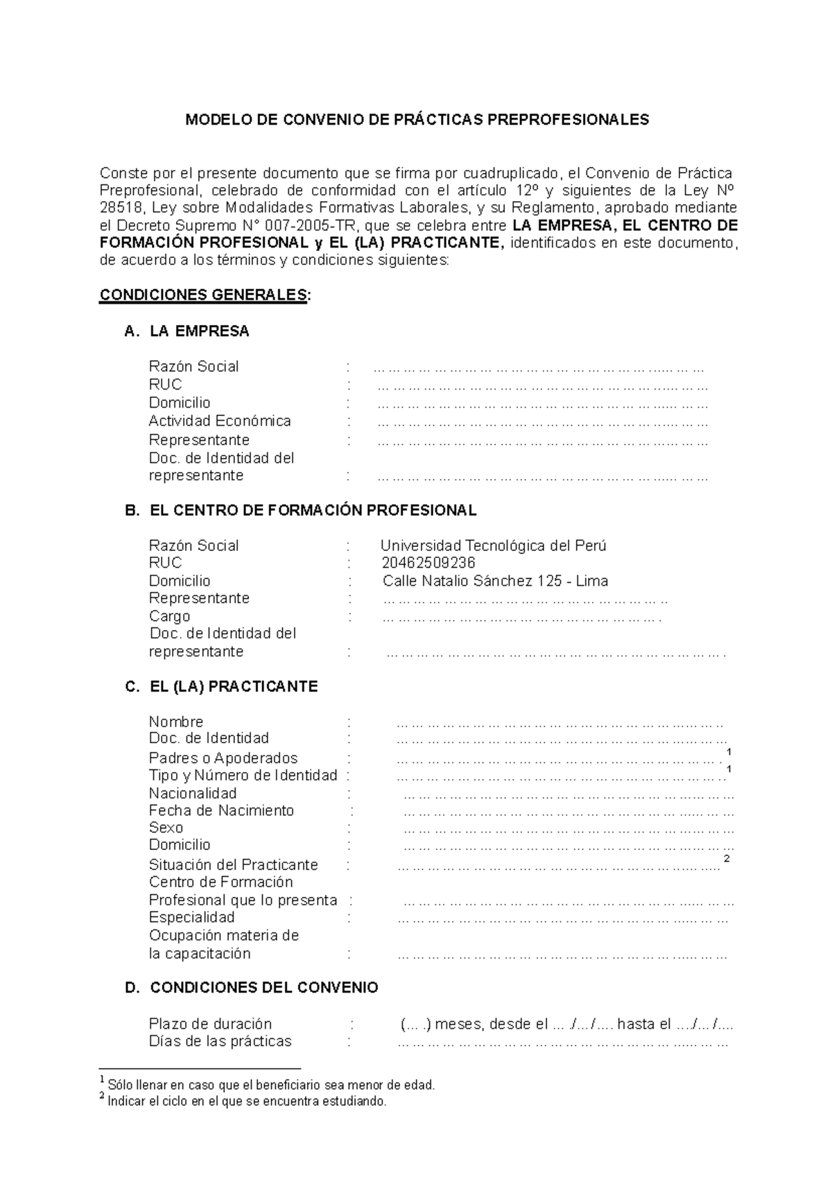 Modelo de Convenio de Práctica Preprofesional - MODELO DE CONVENIO DE ...