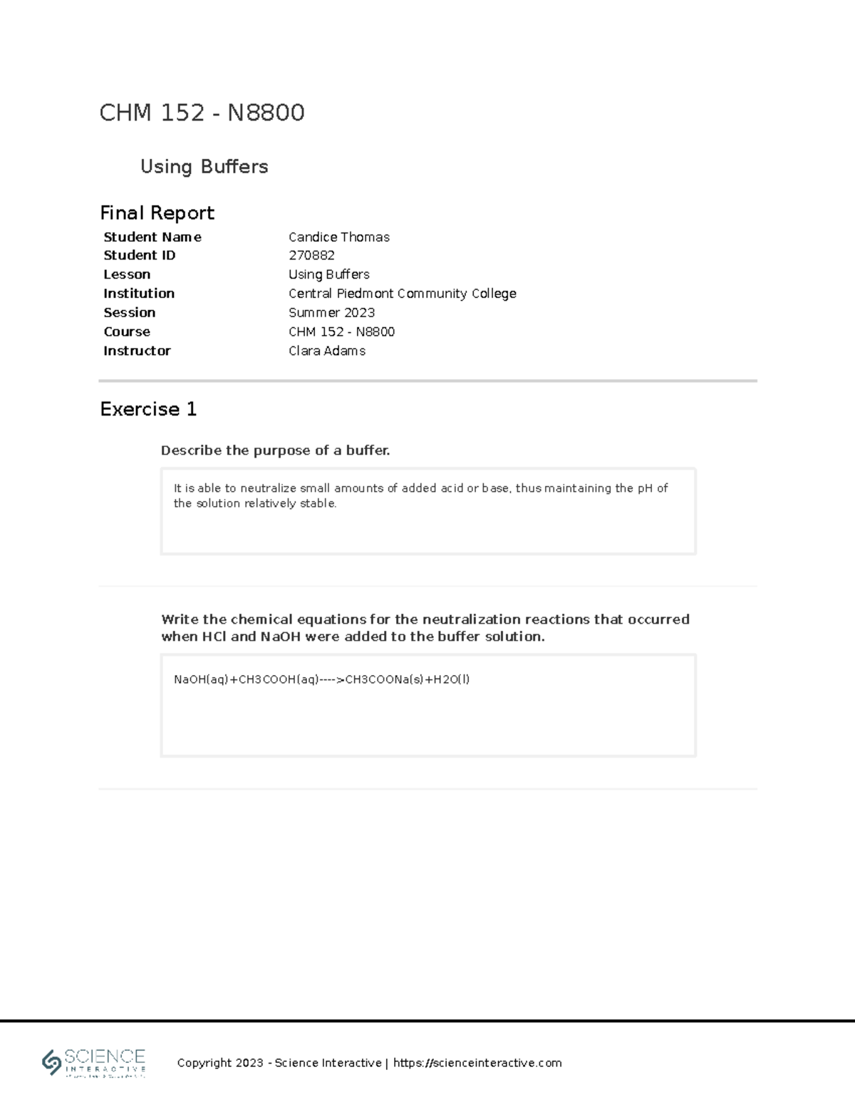 CHM152N8800 Using Buffers 270882 - Student Name Candice Thomas Student ID 270882 Lesson Using ...