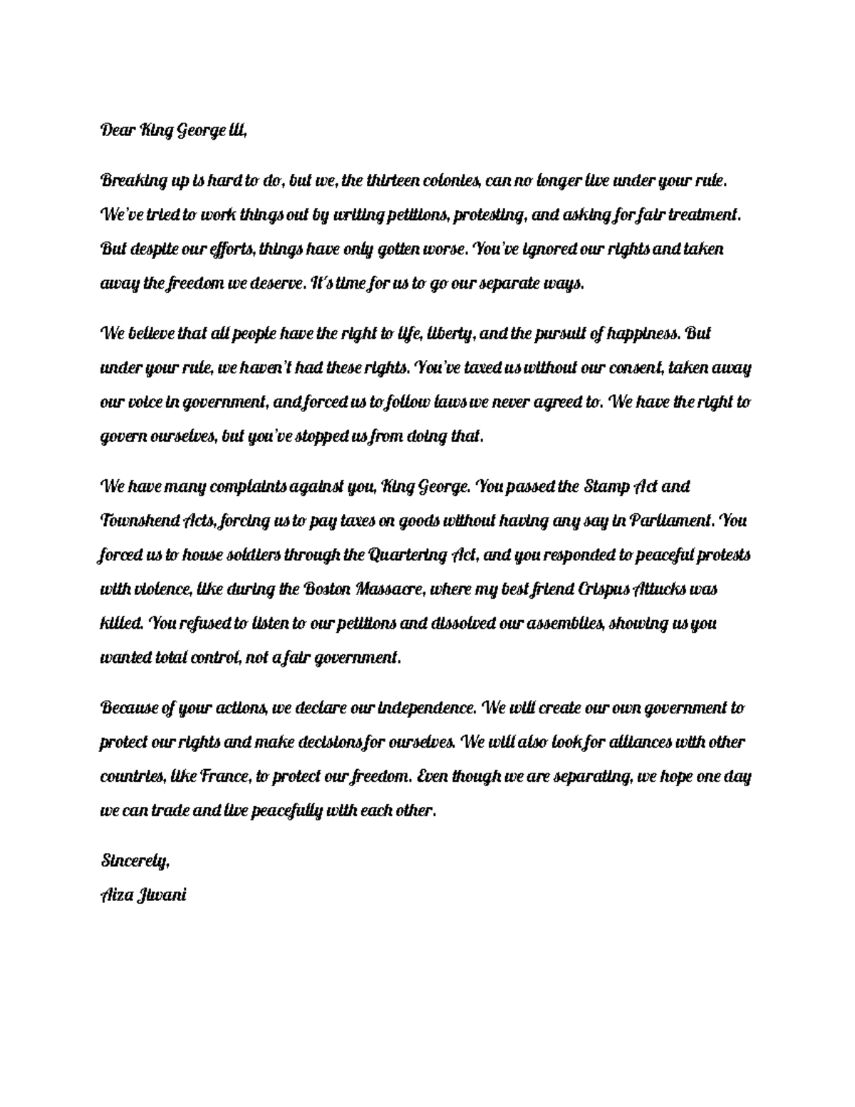 13 Colonies Break Up Letter - Google Docs - Dear King George Breaking ...