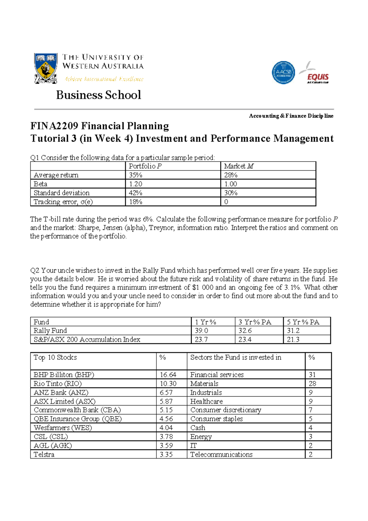 Tutorial 3 - Tut 3 - Business School Accounting & Finance Discipline ...