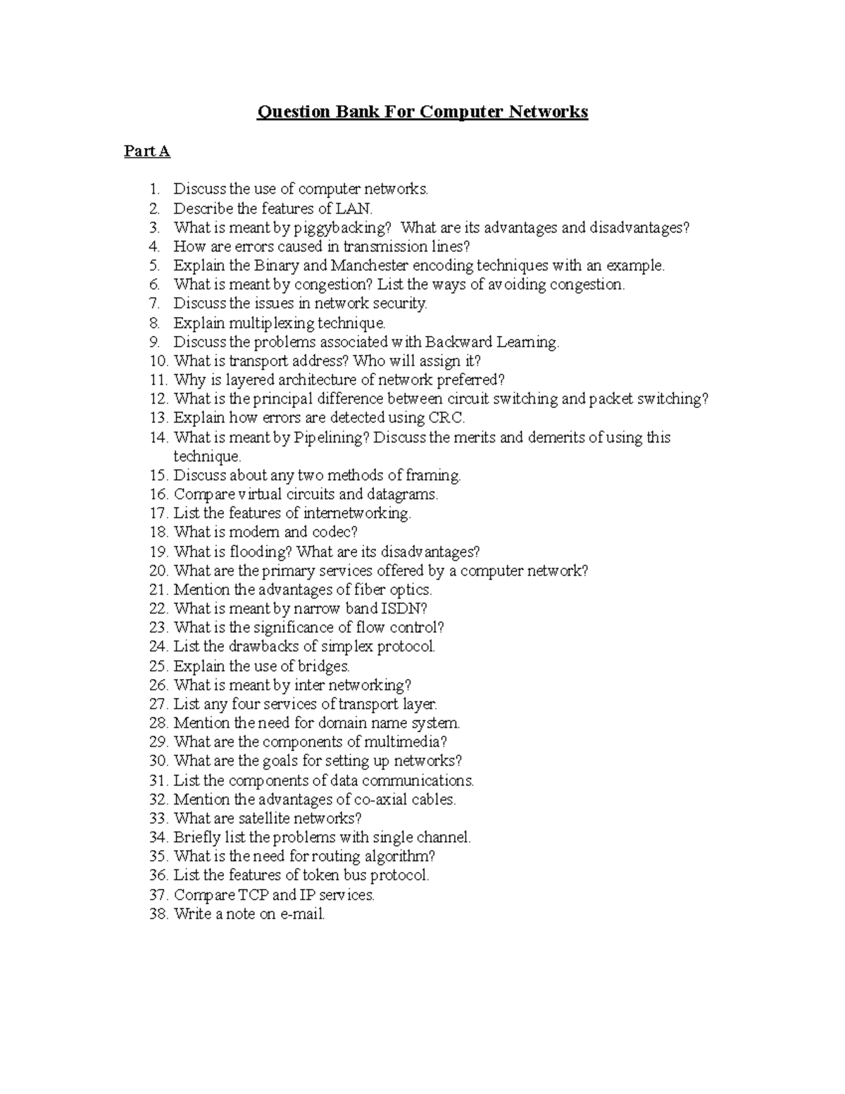 Computer Networks Question Bank - Question Bank For Computer Networks Part A Discuss the use of ...