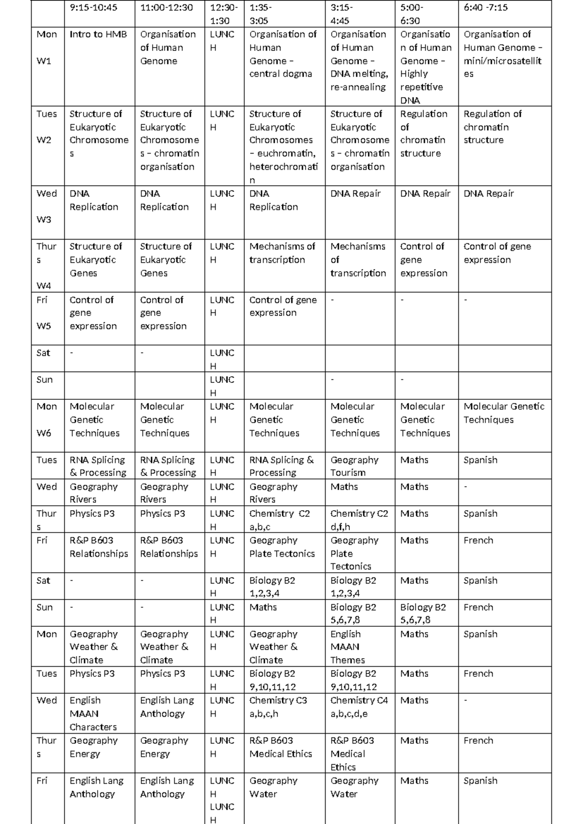 Uni Revision Timetable - 9:15-10:45 11:00-12:30 12:30- 1: 1:35- 3: 3:15 ...