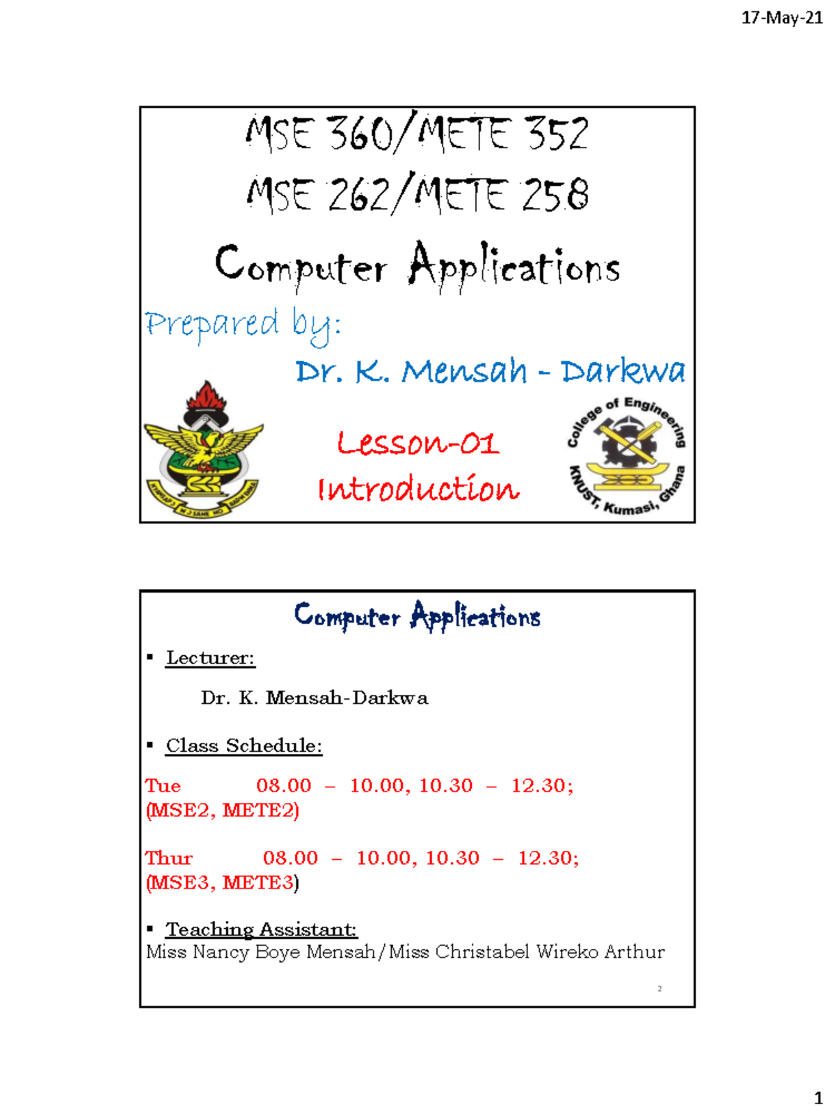 Matlab lecture note - good - 17-May- MSE 360/METE 352 MSE 262/METE 258 ...