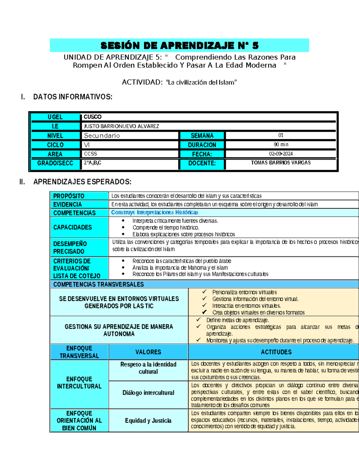 Sesion CCSS 2° SEC- Semana 05 UNI 5 - SESIÓN DE APRENDIZAJE N° 5 UNIDAD DE APRENDIZAJE 5 ...