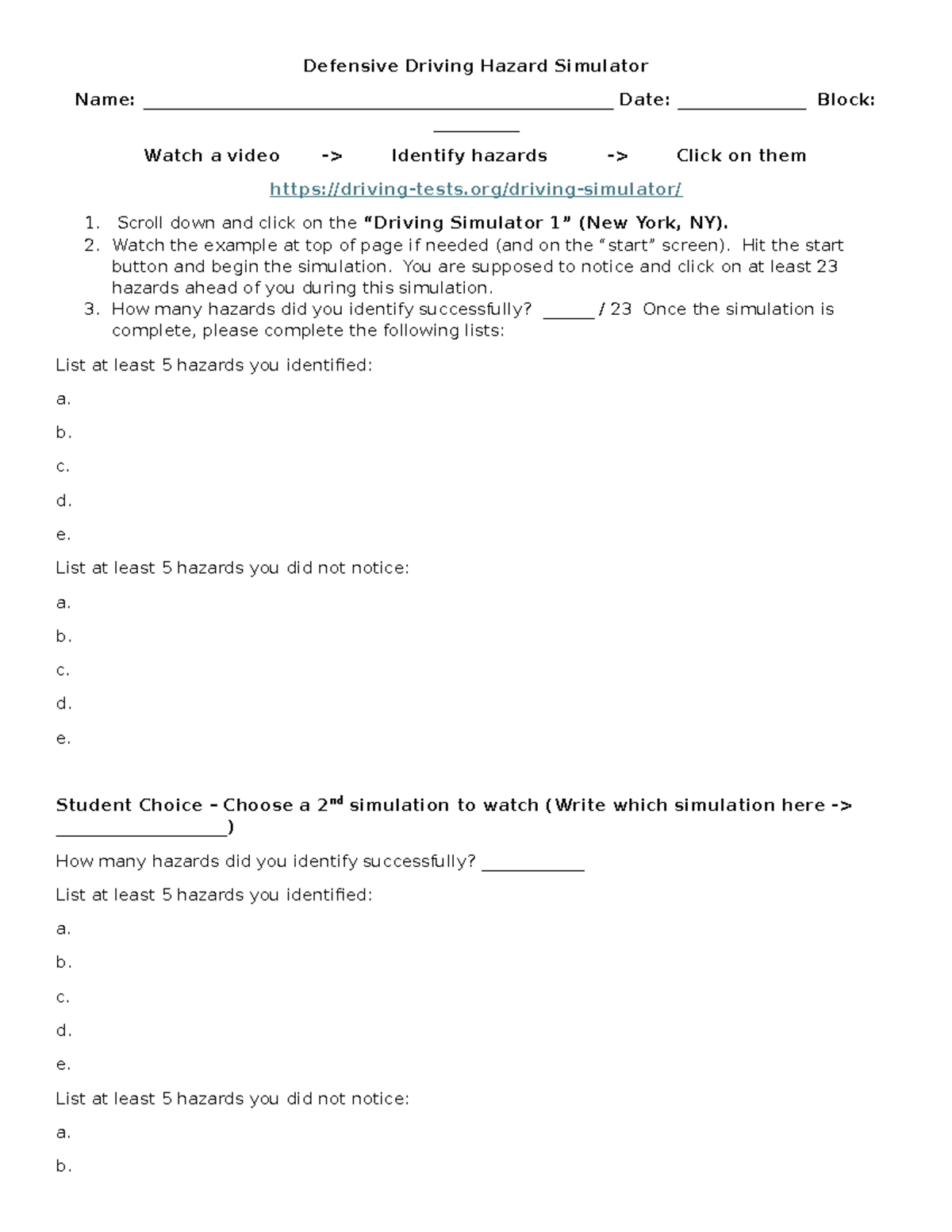 Defensive Driving Hazard Simulator - Watch the example at top of page ...