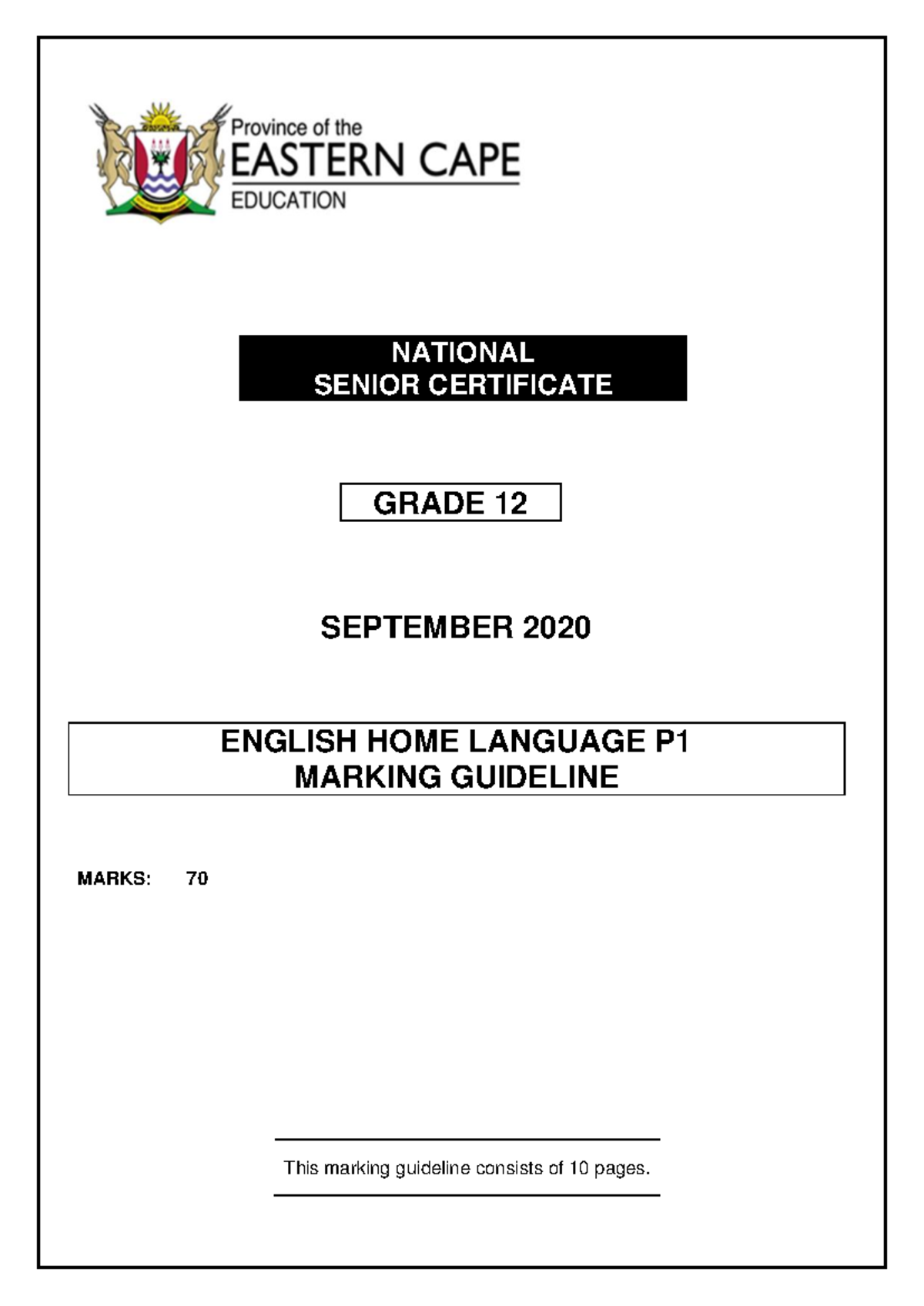 English HL P1 GR 12 MEMO SEPT2020 - NATIONAL SENIOR CERTIFICATE GRADE ...