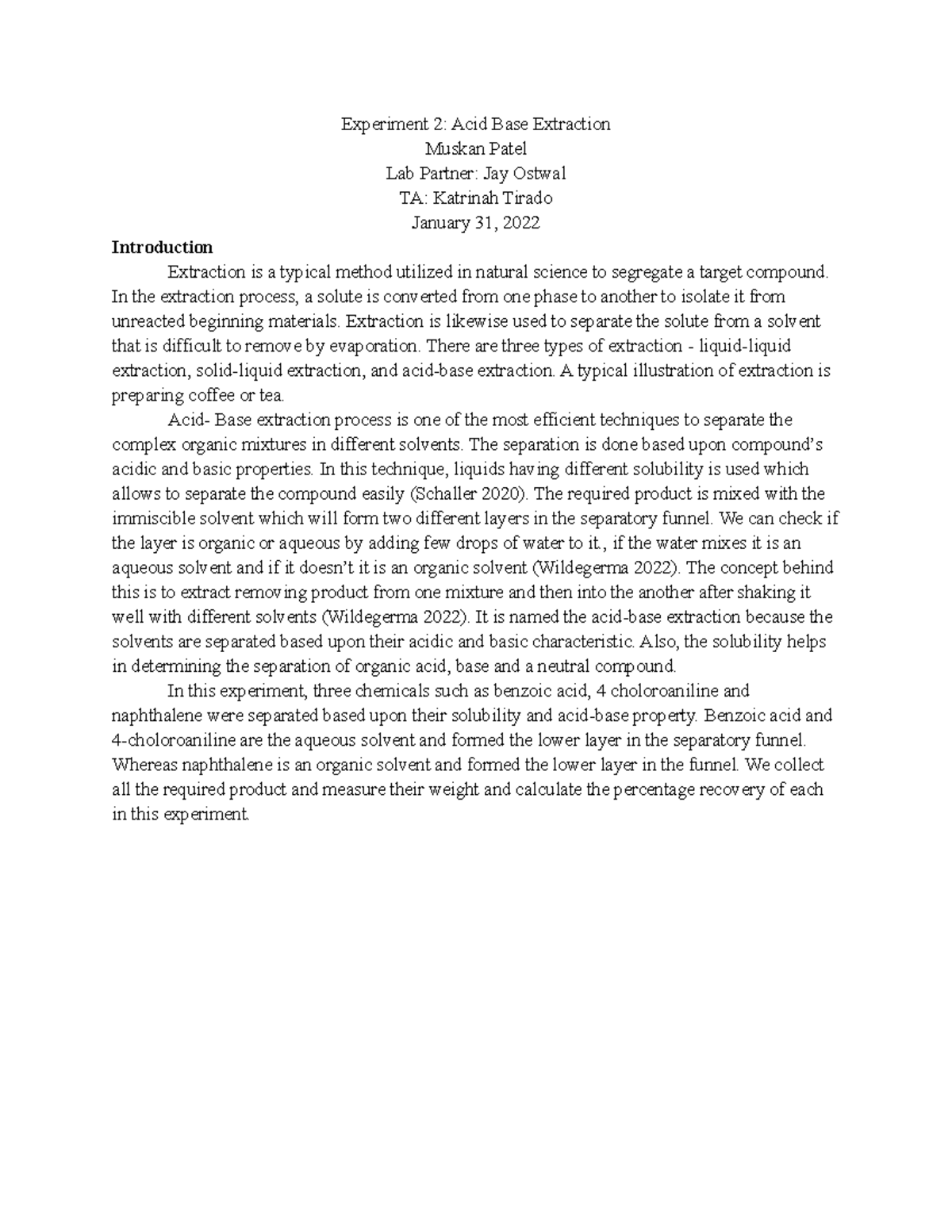 Post Lab2 report of experiment 2 acid base extraction - Experiment 2 ...