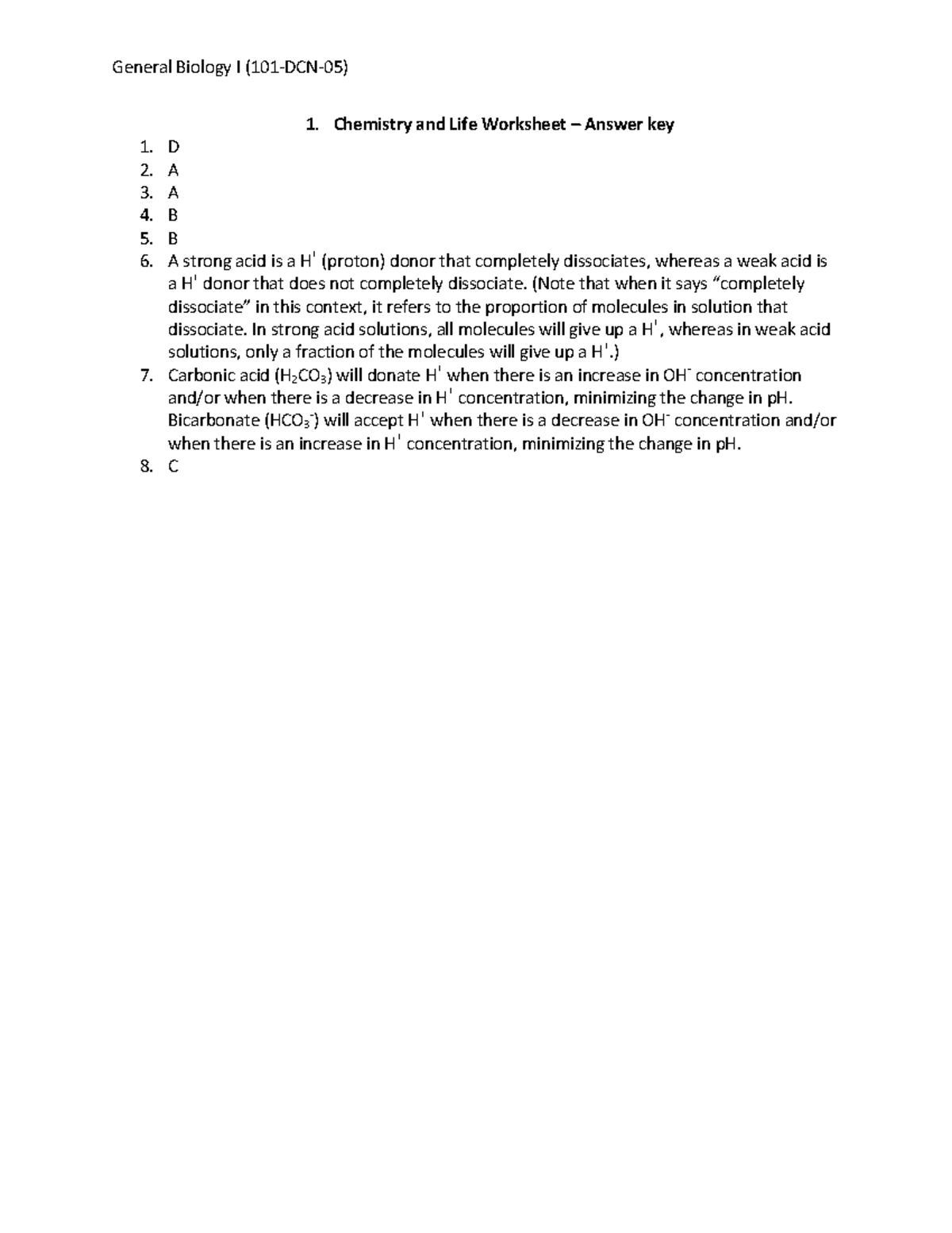 Chemistry and Life Worksheet Answer key - General Biology I (101-DCN-05 ...