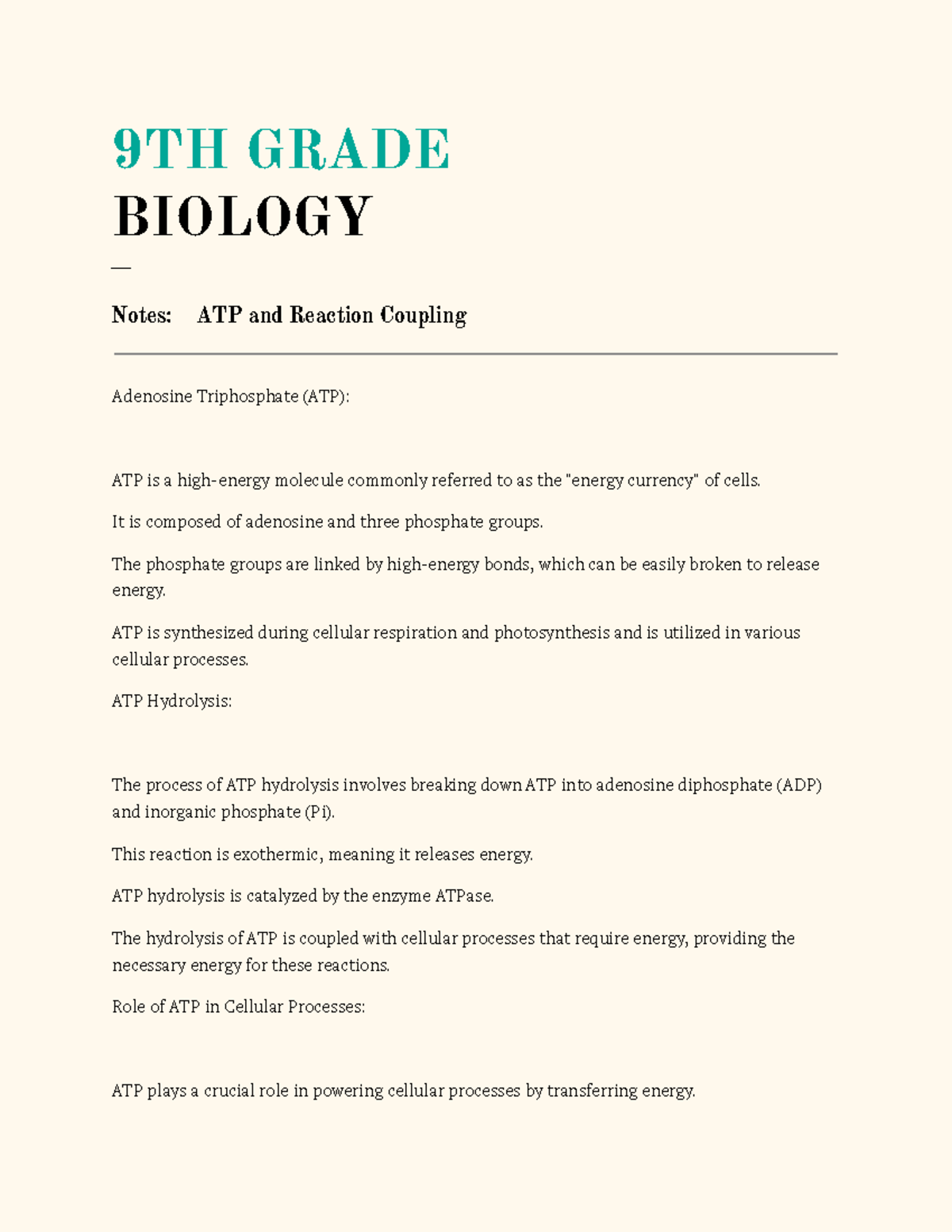 ATP and Reaction Coupling - 9TH GRADE BIOLOGY ___ Notes: ATP and ...