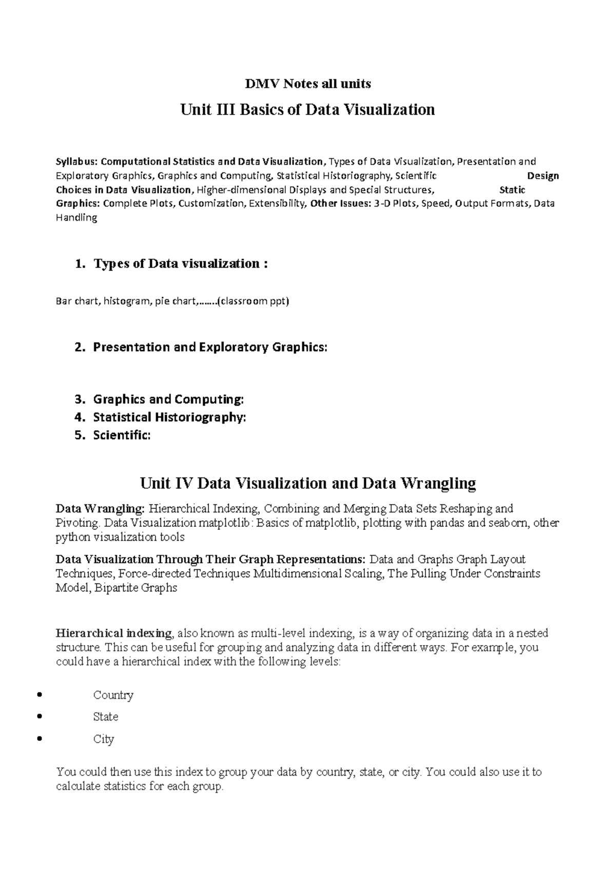 DMV notes - DMV Notes all units Unit III Basics of Data Visualization ...