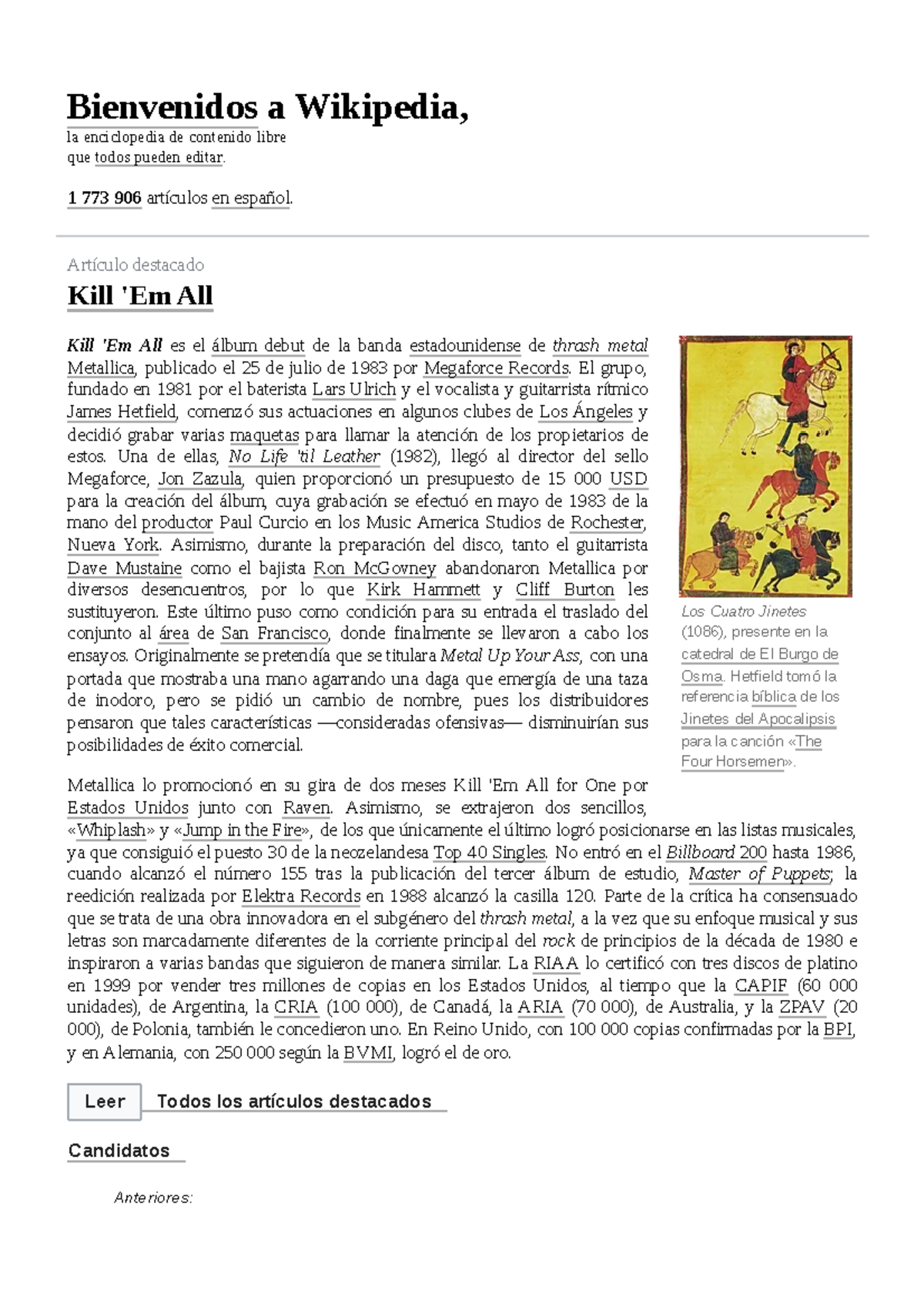 Wikipedia Portada (15) - Los Cuatro Jinetes (1086), presente en la ...