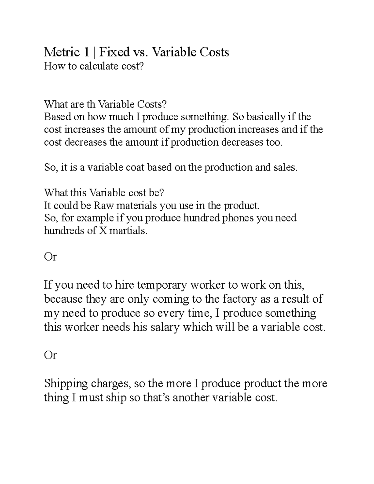 Metric 1 - Metric 1 | Fixed vs. Variable Costs How to calculate cost ...