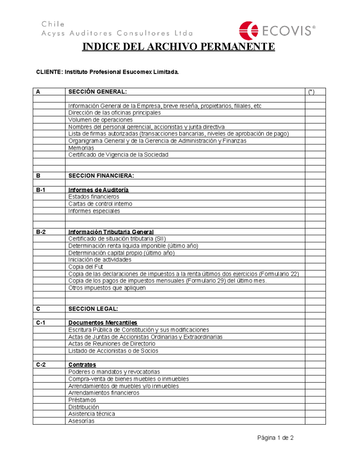 Indice Archivo Permanente Acyss - INDICE DEL ARCHIVO PERMANENTE CLIENTE ...