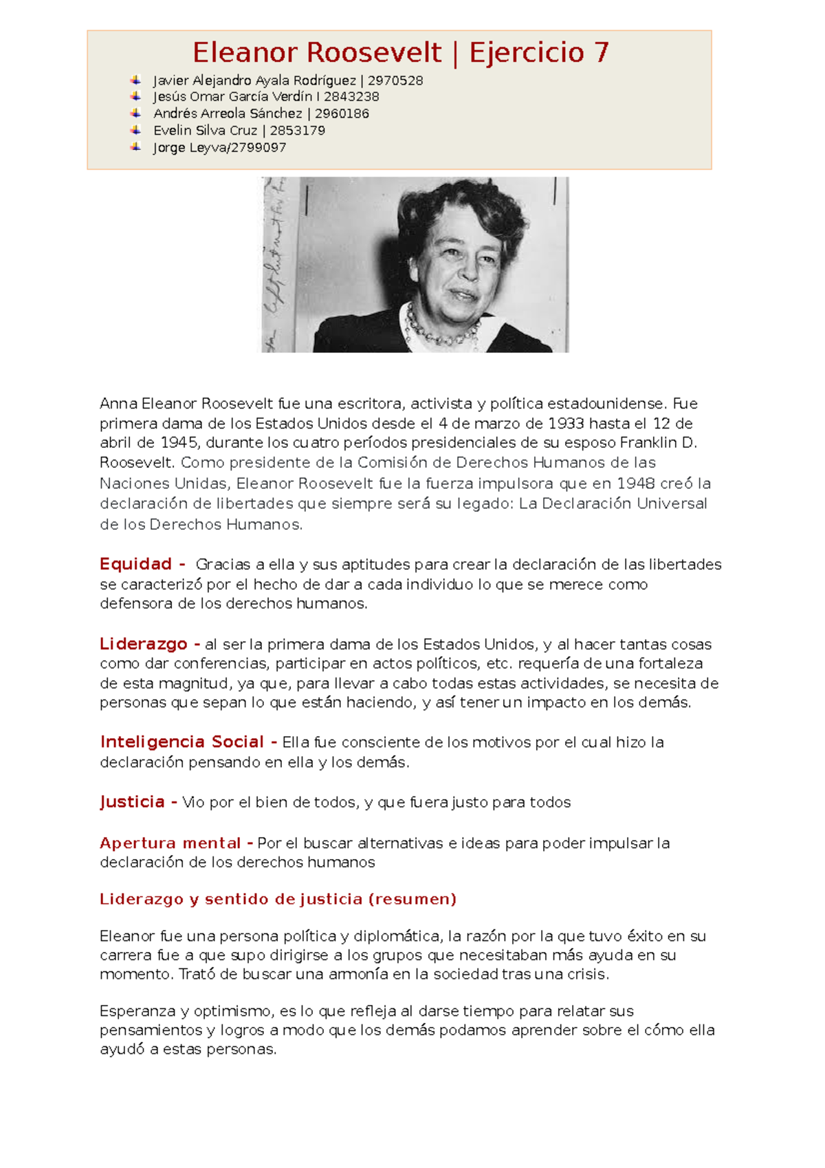 Act 7 - Bienestar - EJE 7 - Anna Eleanor Roosevelt fue una escritora ...