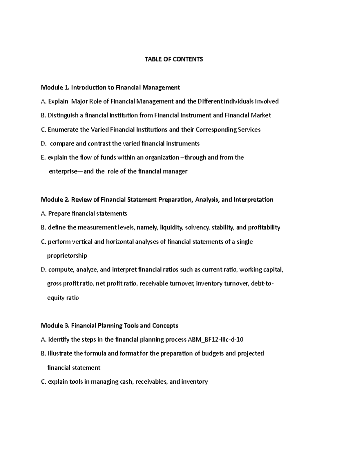 Bftableofcontents - table of contents - TABLE OF CONTENTS Module 1 ...