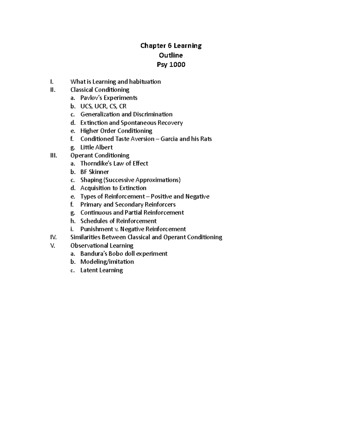 Chapter 6 Learning textbook -outline - Chapter 6 Learning Outline Psy ...