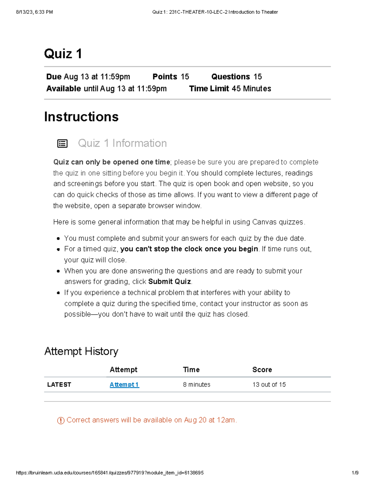 Quiz 1 231C- Theater-10-LEC-2 Introduction to Theater - THEATER 107 ...