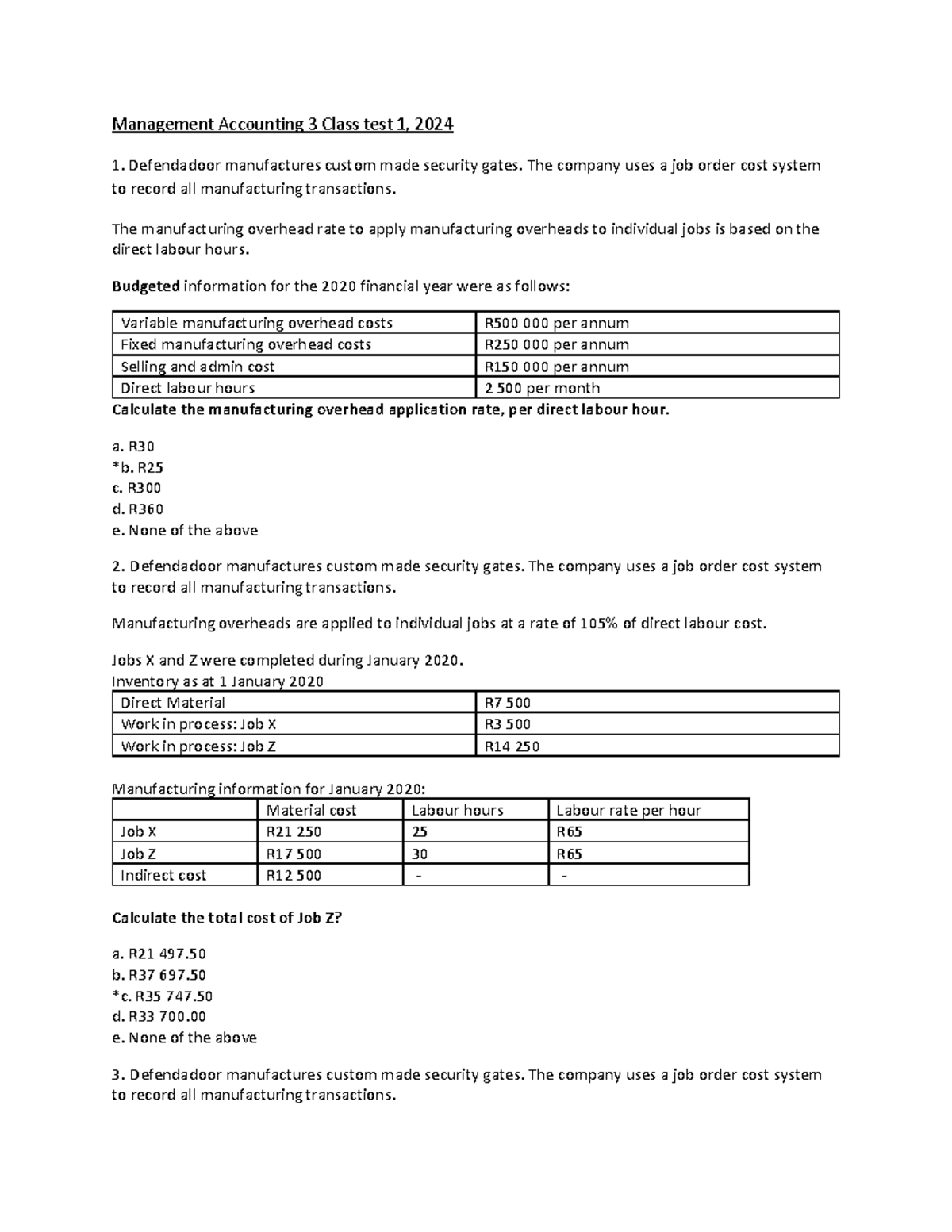 MAN ACC 3 CT1 2024 - class test for practice - Management Accounting 3 ...