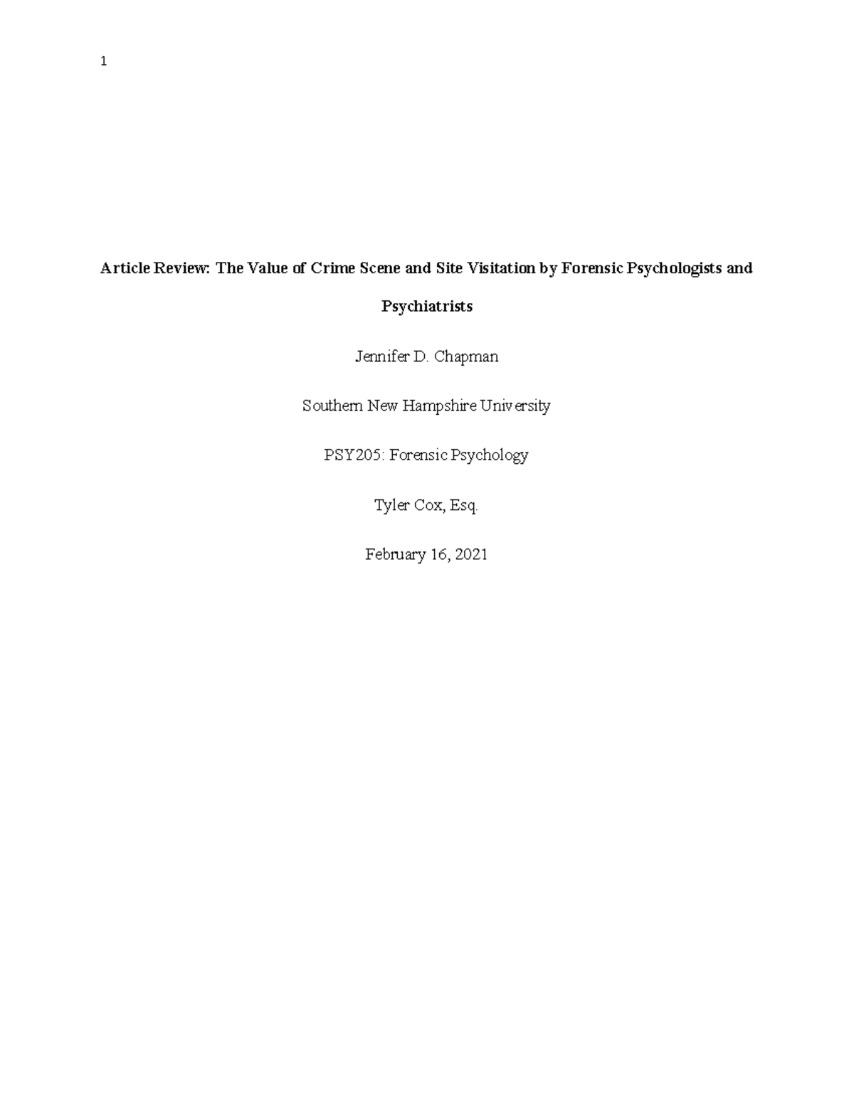 Article Review: Crime Scene Assessment by Forensic Psychologists ...