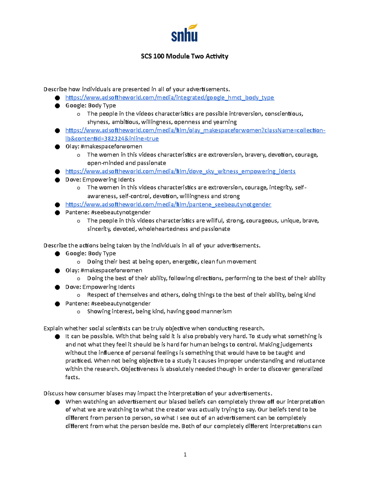 SCS 100 Module Two Activity - SCS 100 Module Two Activity Describe how ...