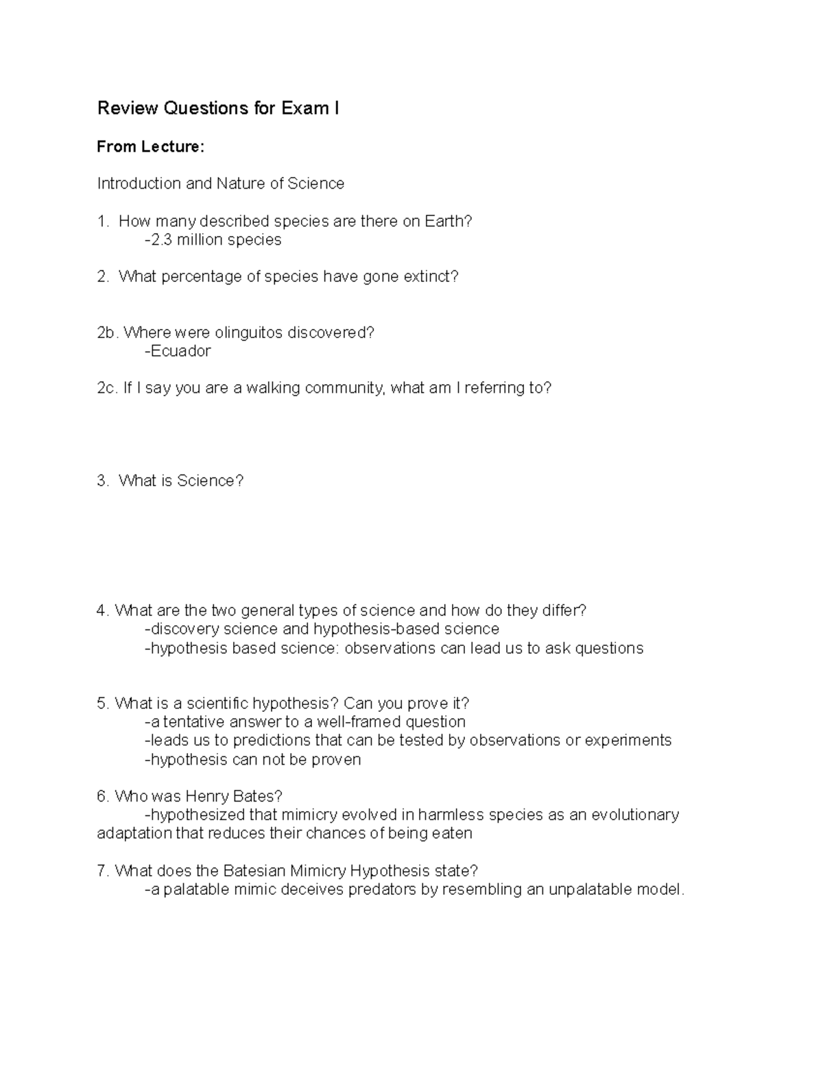 Review questions (exam 1) (editable) - Review Questions for Exam I From ...