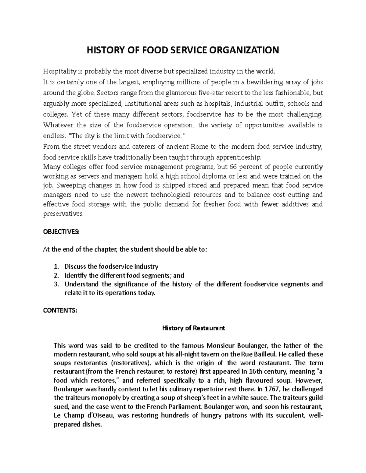 History OF FOOD Service Organization - HISTORY OF FOOD SERVICE ...