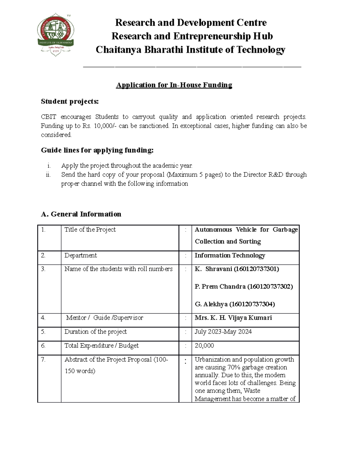 Student-Application for In House Funding - Application for In-House ...