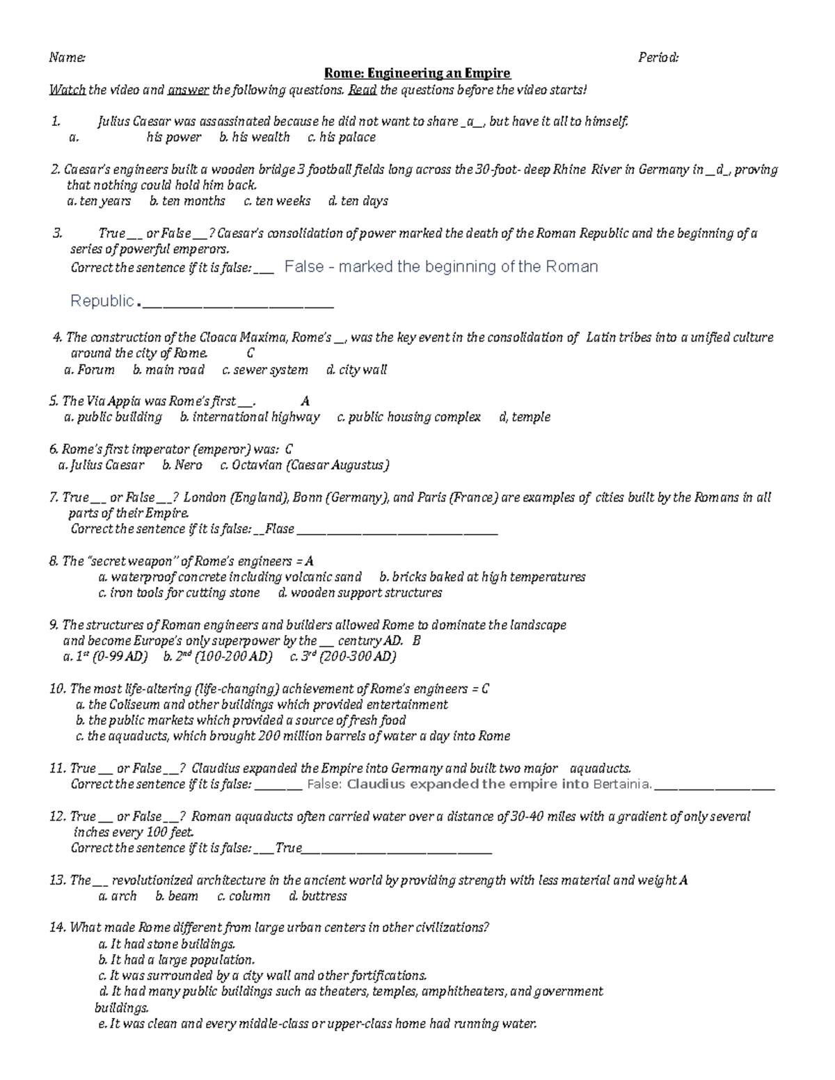 Rome Engineering an Empire Video Qs - Name: Period: Rome: Engineering ...