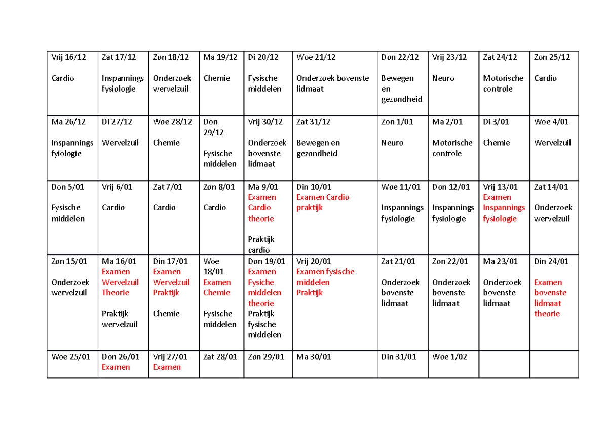 Examenplanning Kerst - Vrij 16/ Cardio Zat 17/ Inspannings fysiologie ...