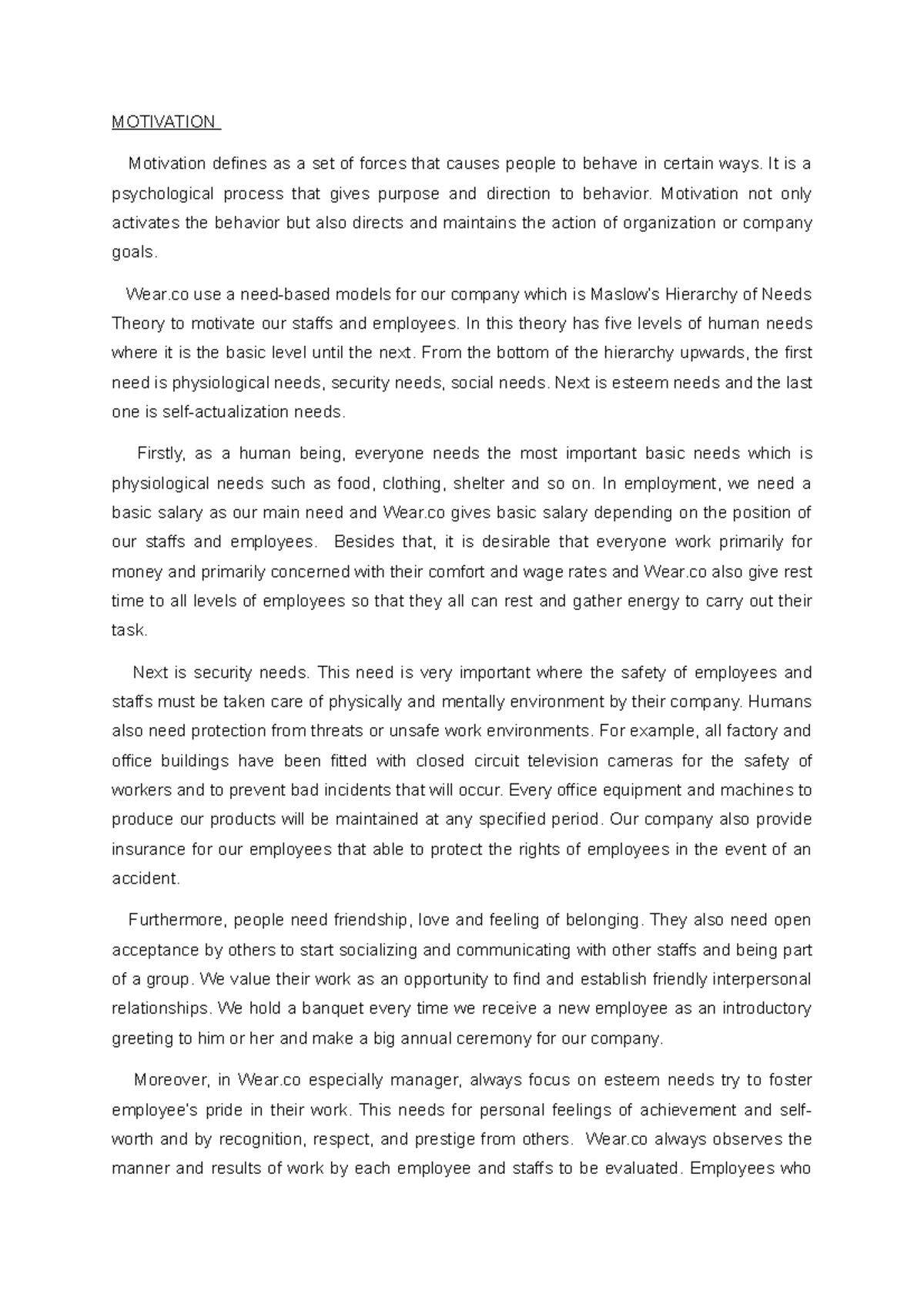 Mgt motivation - Tutorial work for indiv assignment - MOTIVATION ...